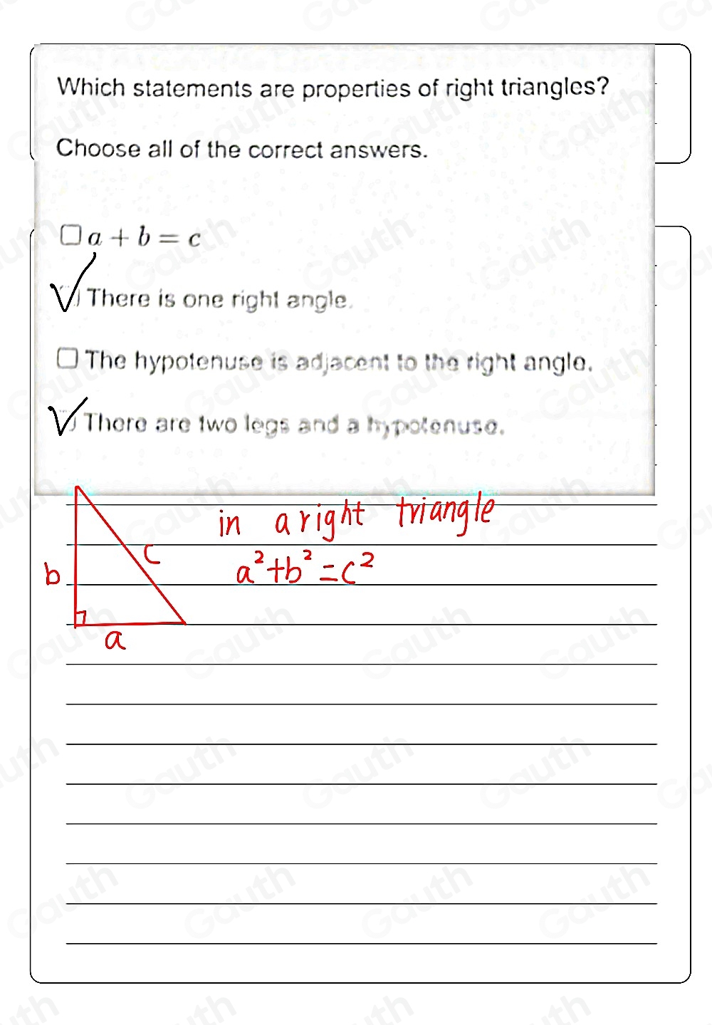 Solved: Which statements are properties of right triangles? Choose all ...
