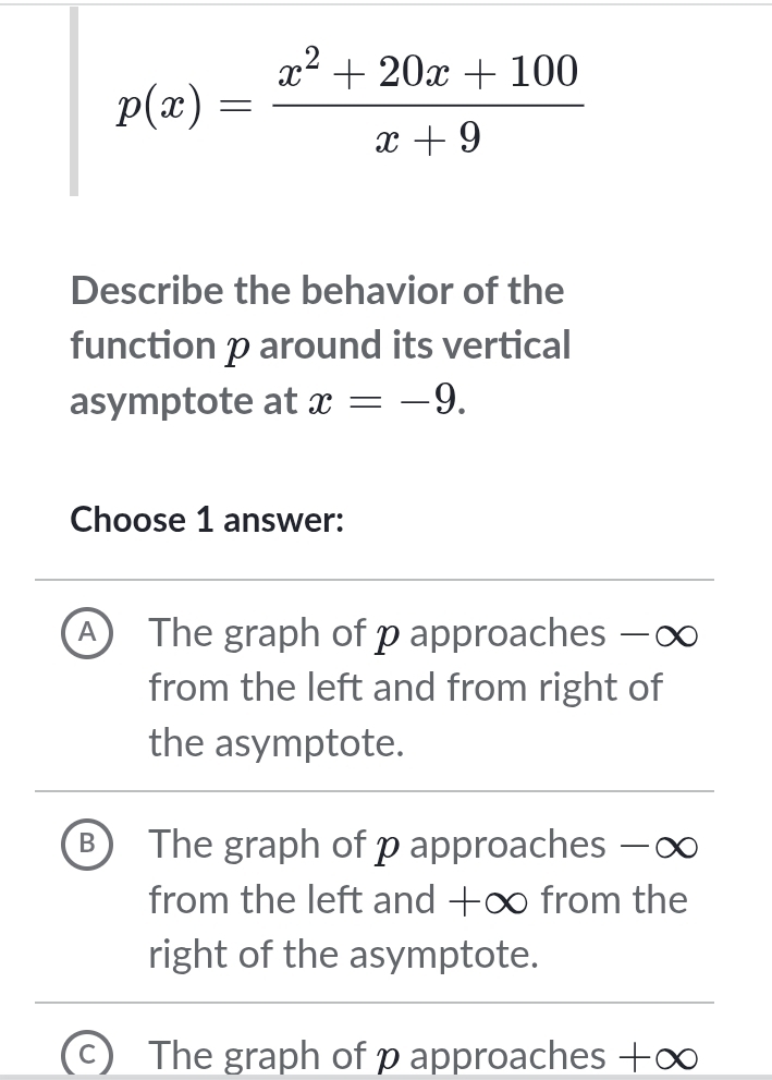 Solved: p(x)= (x^2+20x+100)/x+9 Describe the behavior of the function p ...