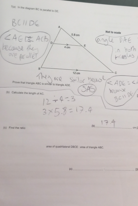 Solved: 7(a) In the diagram BC is parallel to DE. Prove that triangle ...