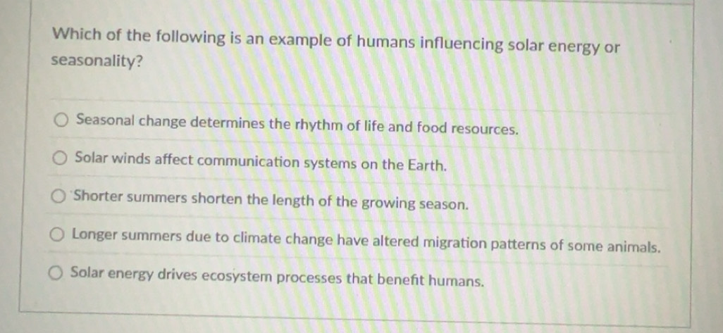 Solved: Which of the following is an example of humans influencing ...