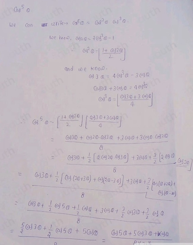 Solved: Express cos^5θ in terms of multiple angles. (cos 5θ +cos 3θ +cos θ )/16 (cos 5θ +cos 3θ ...