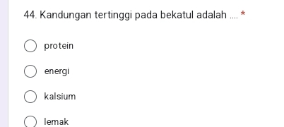 Telah dijawab:Kandungan tertinggi pada bekatul adalah .... * protein en ...