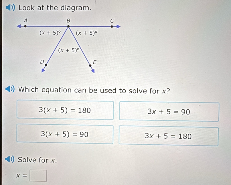 Solved: Look at the diagram. Which equation can be used to solve for x ...