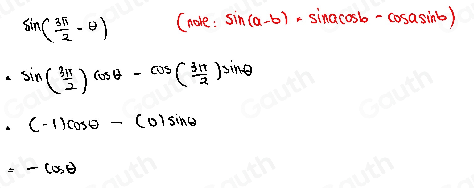 Solved: Establish the identity. sin ( 3π /2 -θ )=-cos θ Choose the ...
