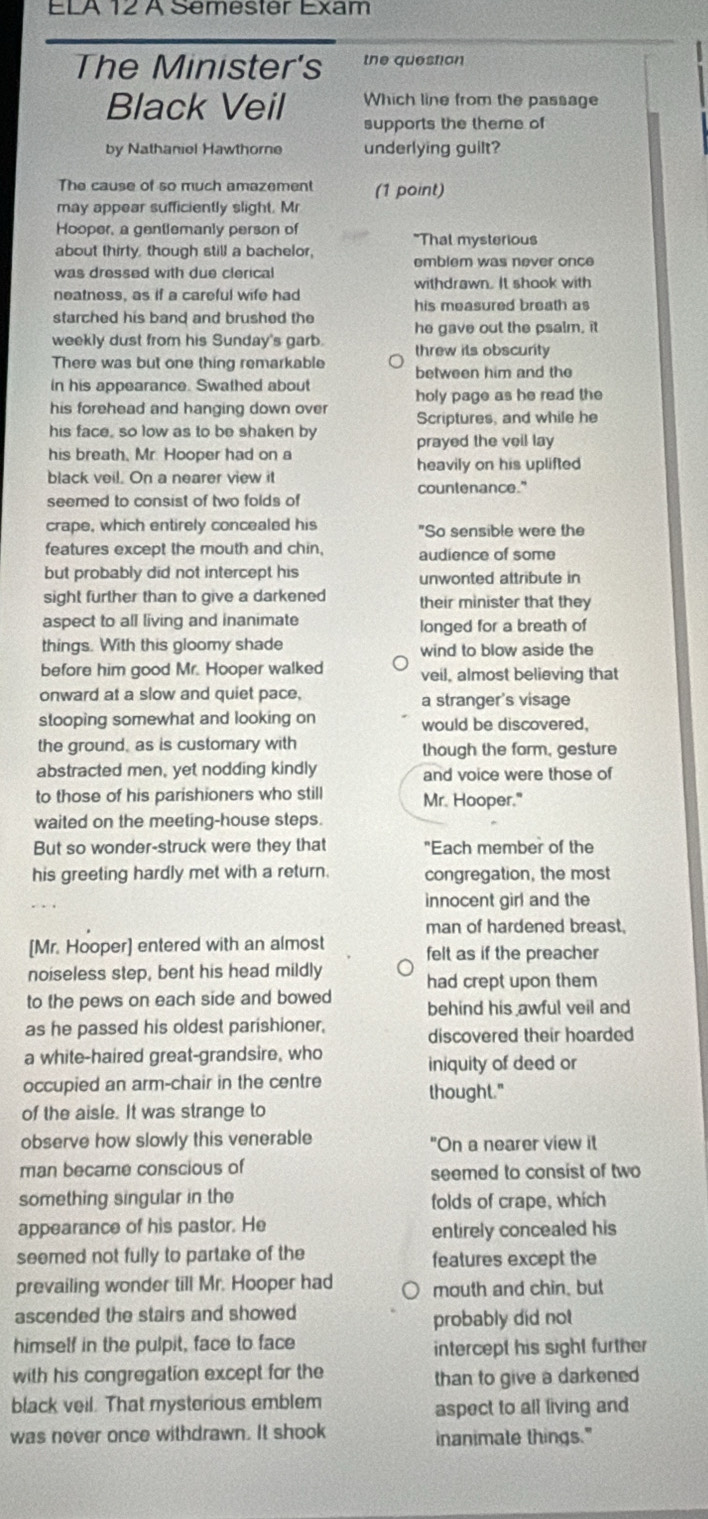Solved: ELA 12A Semester Exam The Minister's the question Black Veil ...