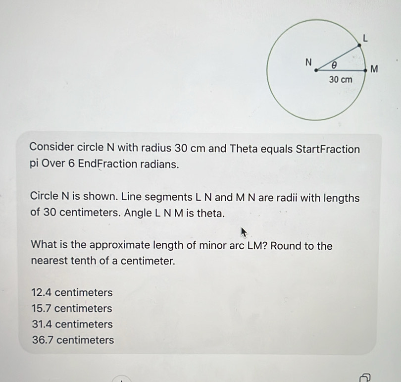 Solved: Consider circle N with radius 30 cm and Theta equals ...