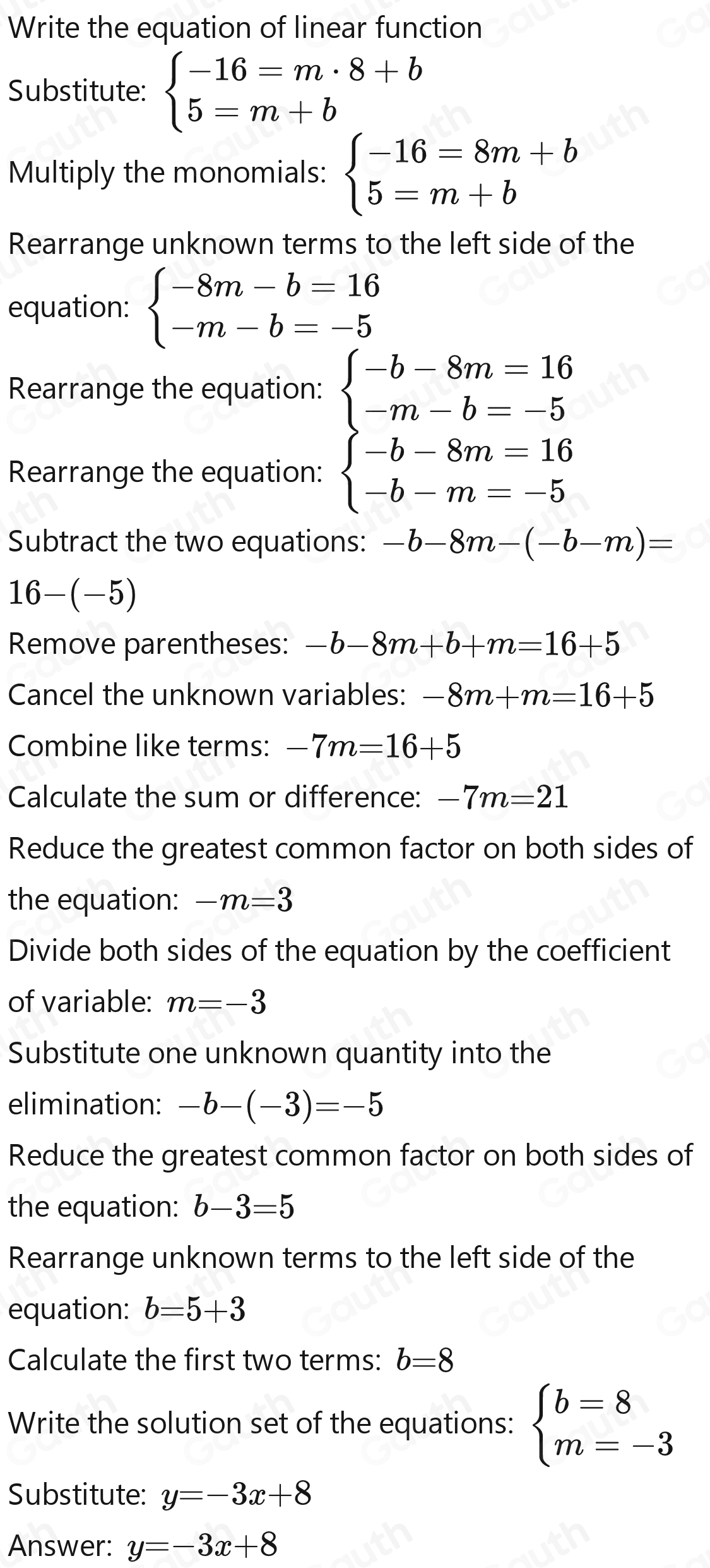 Solved: Find the equation of the line passing through the points (8,-16) and (1,5) y= ?x+ [Math]