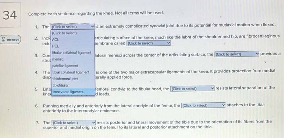 Solved: Complete each sentence regarding the knee. Not all terms will ...