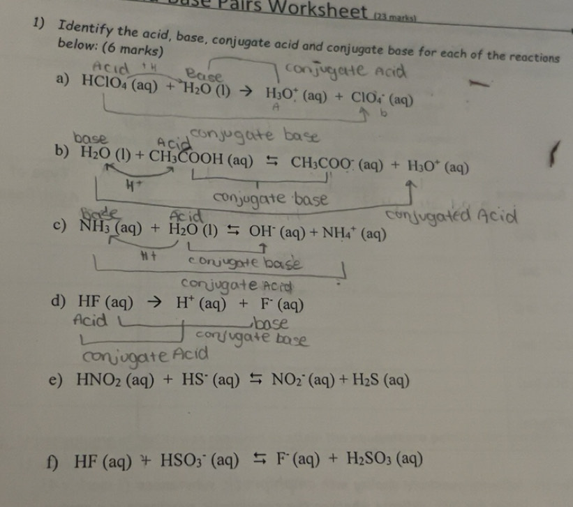 Solved: se Pairs Worksheet (23 marks) 1) Identify the acid, base ...
