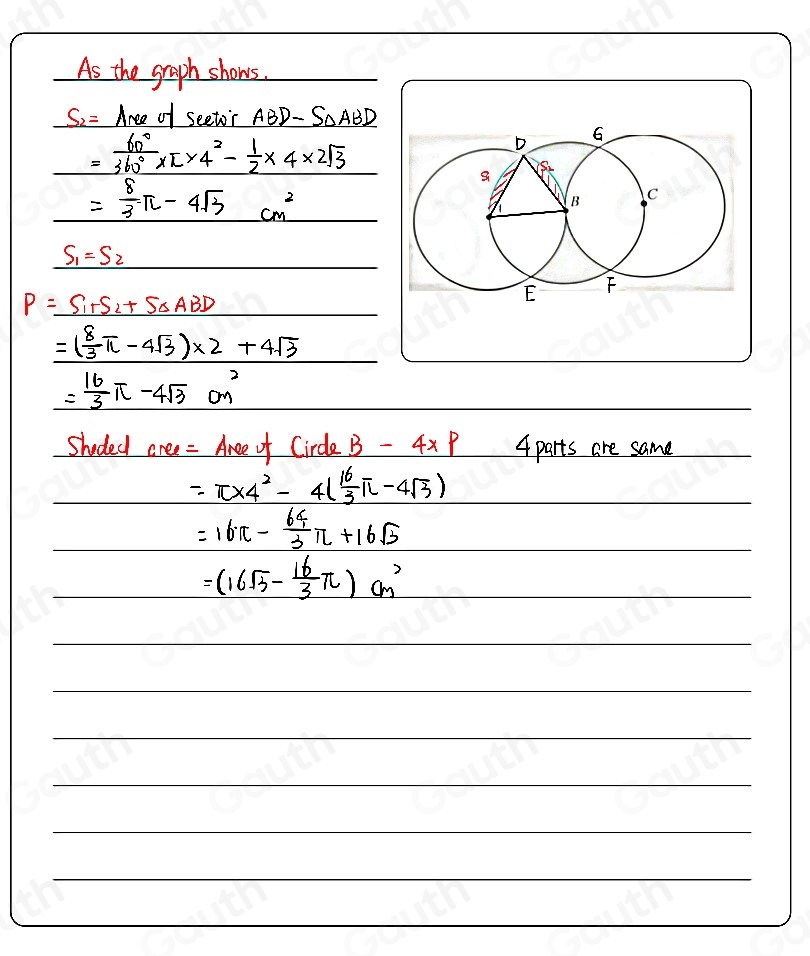 Solved: The diagram shows three circles, each of radius 4cm. The centres of the circles are A, B ...