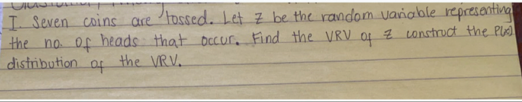 Solved: Seven coins are lossed. Let I be the random variable representing the no. of heads that ...
