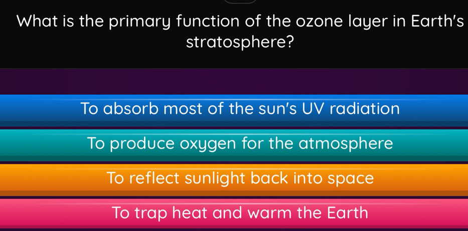 Solved: What is the primary function of the ozone layer in Earth's ...