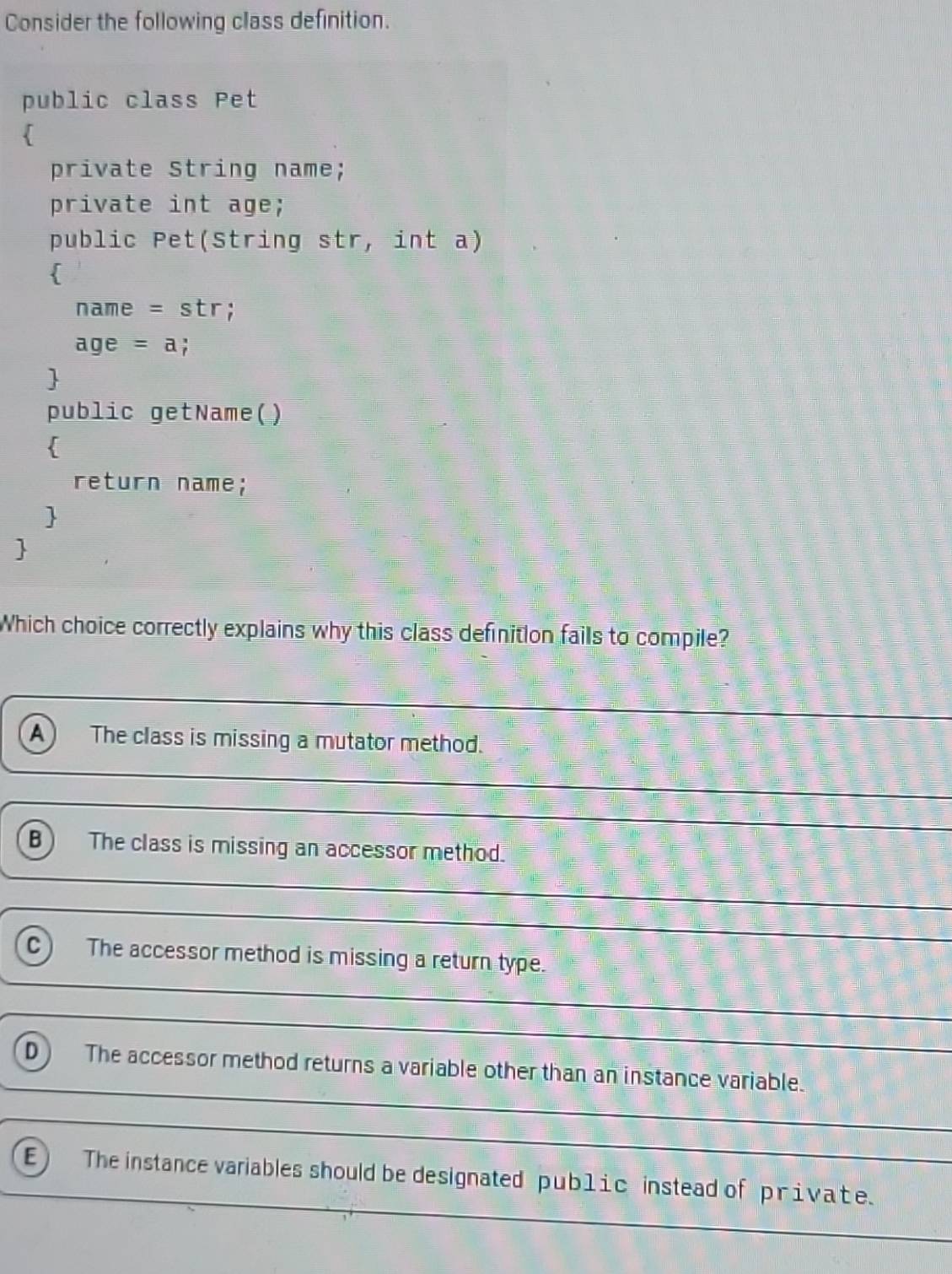 Solved: Consider the following class definition. public class Pet ...