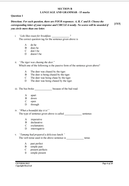 Solved: LANGUAGE AND GRAMMAR - 15 marks Question 1 Direction: For each ...