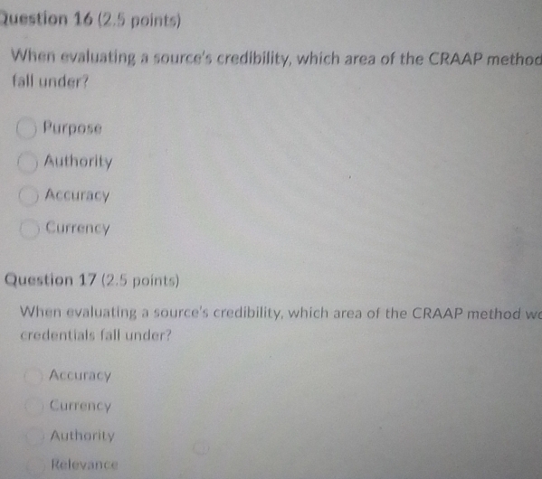 Solved: When evaluating a source's credibility, which area of the CRAAP ...