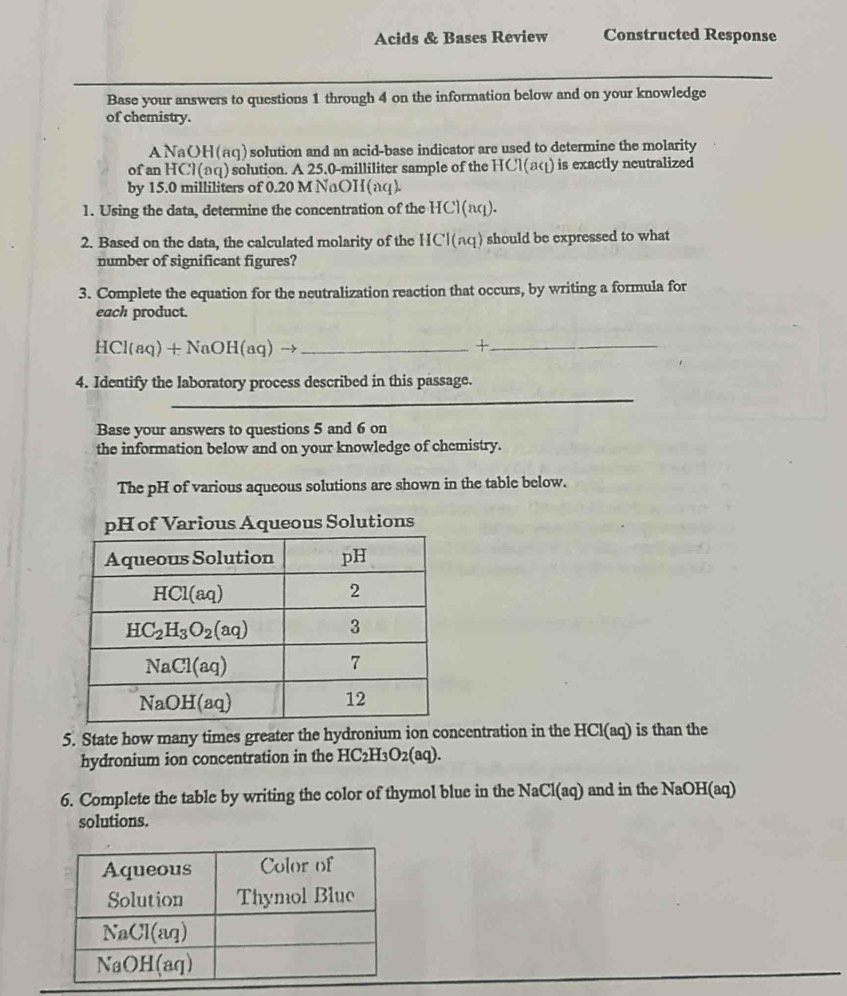 Solved: Acids & Bases Review Constructed Response Base your answers to ...