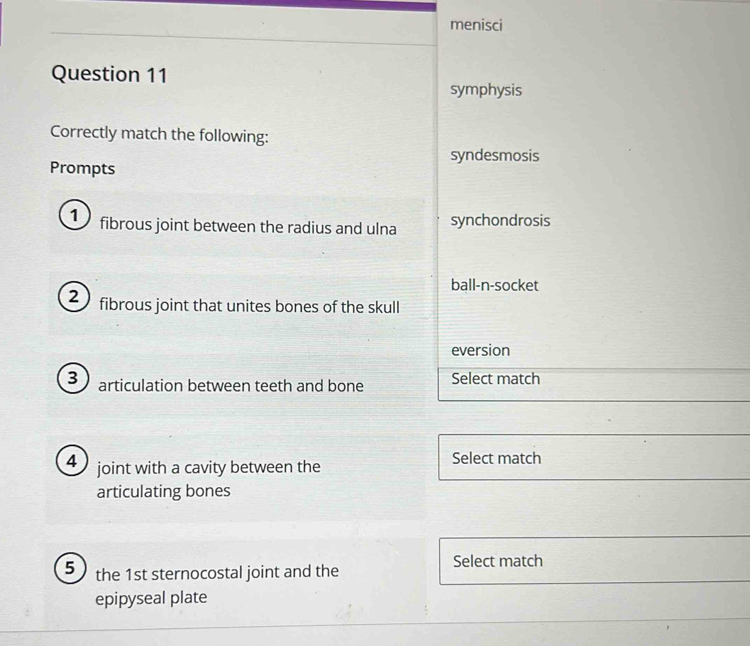 Solved: menisci Question 11 symphysis Correctly match the following ...