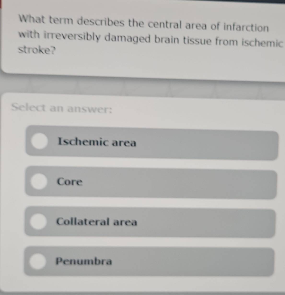 Solved: What term describes the central area of infarction with ...
