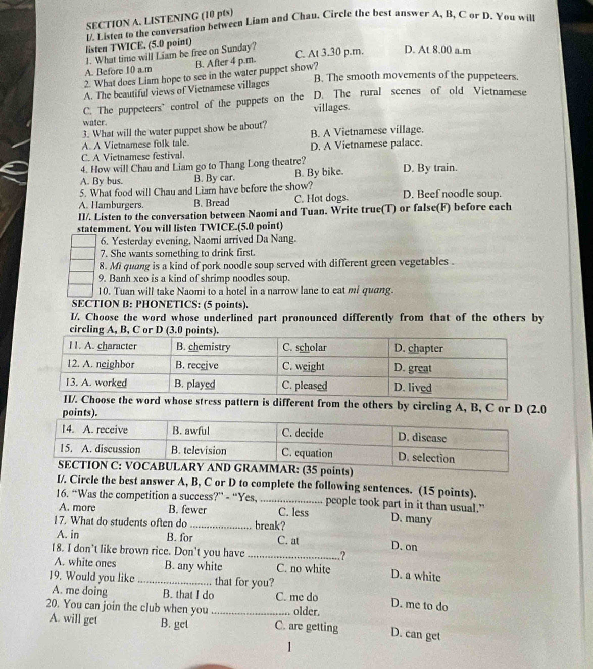 Giải quyết:LISTENING (10 pts) l/. Listen to the conversation between ...