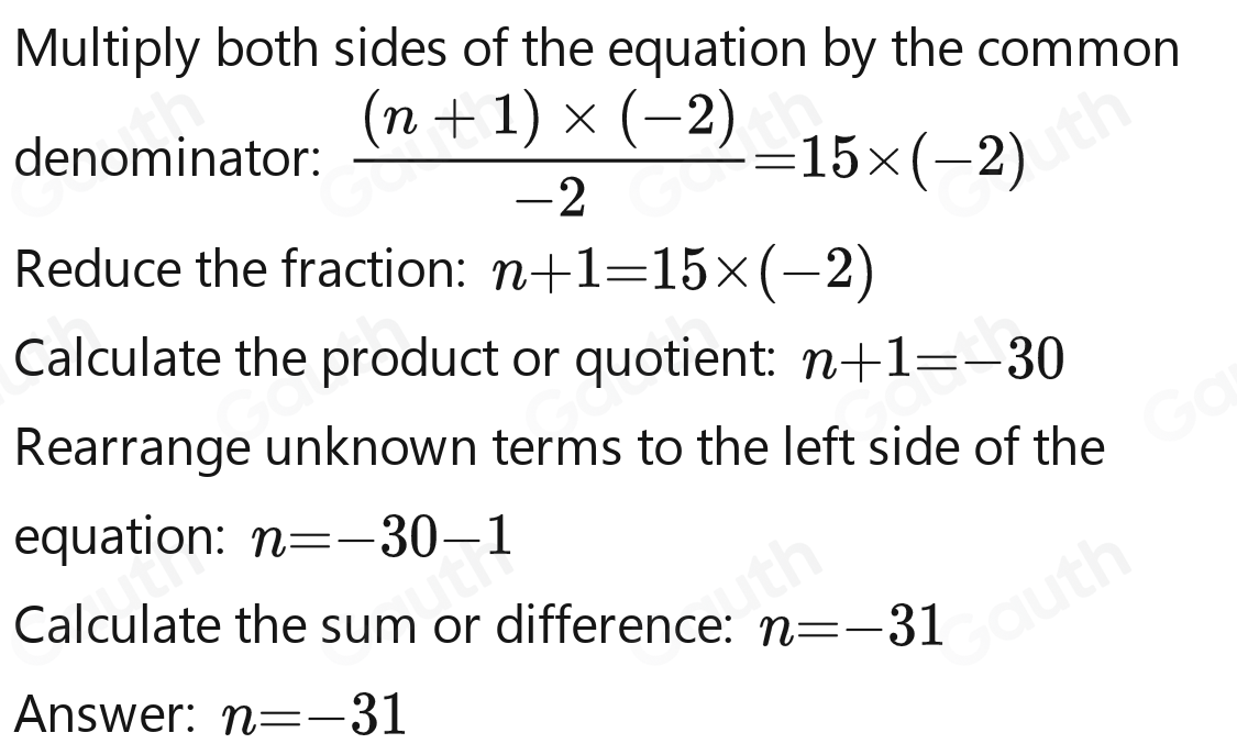 Solved: (n+1)/-2 =15 [Math]