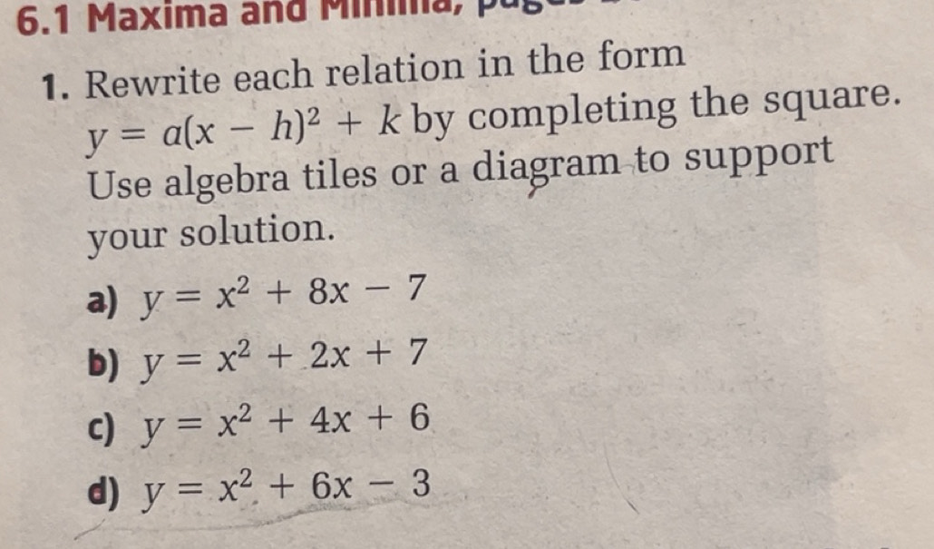 Solved: 6.1 Maxima and Minia 1. Rewrite each relation in the form y=a(x ...