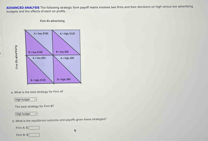 Solved: ADVANCED ANALYSIS The following strategic form payoff matrix ...