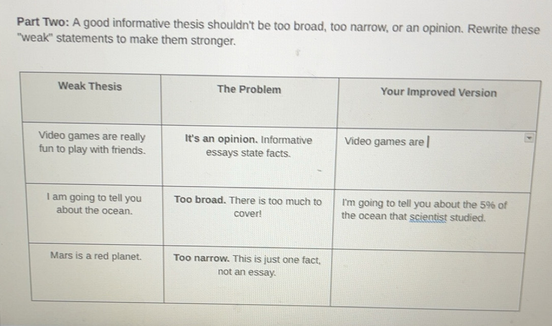 Solved: Part Two: A good informative thesis shouldn't be too broad, too ...