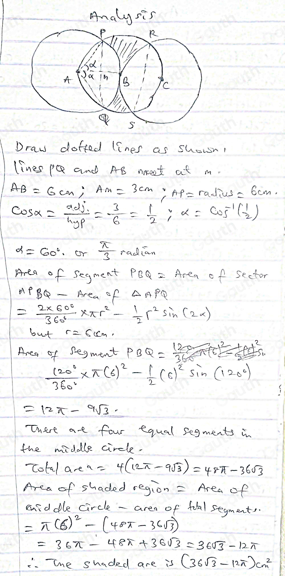 Solved: The diagram shows three circles, each of radius 6 cm. The centres of the circles are A ...