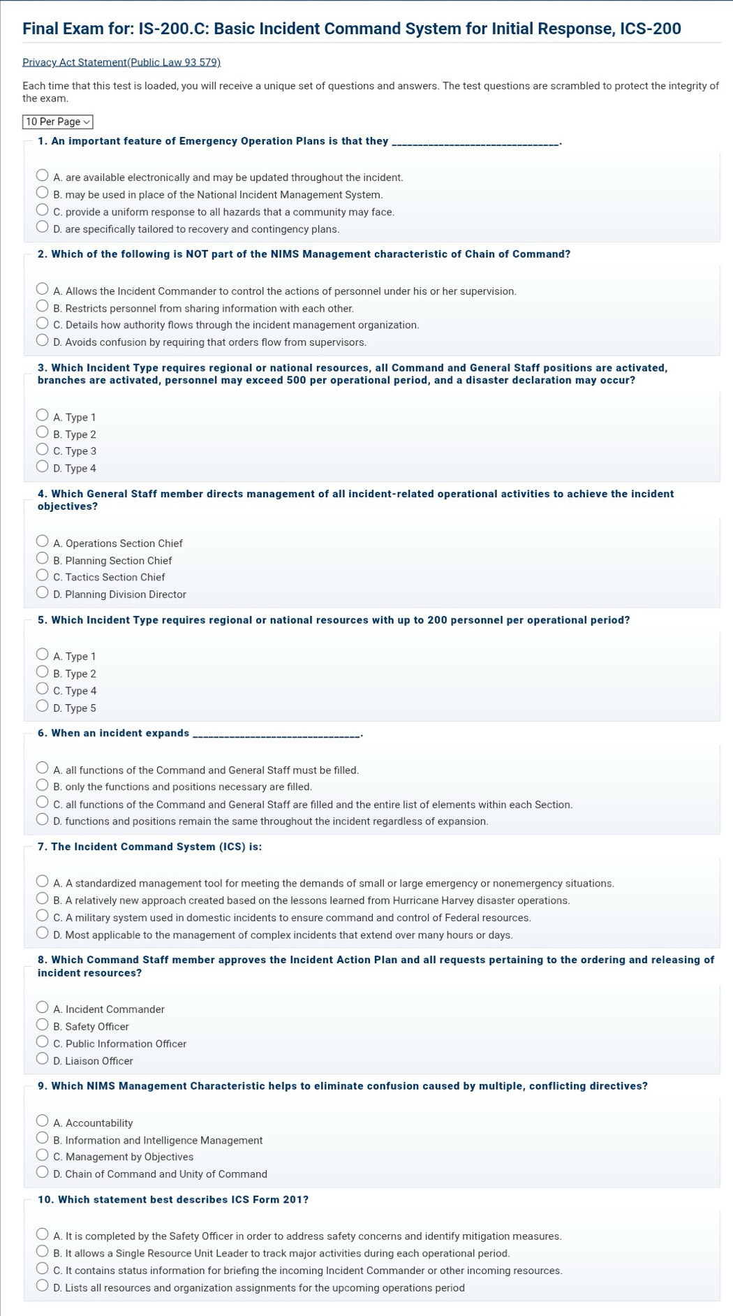 Gelöst:Final Exam for: IS-200.C: Basic Incident Command System for ...
