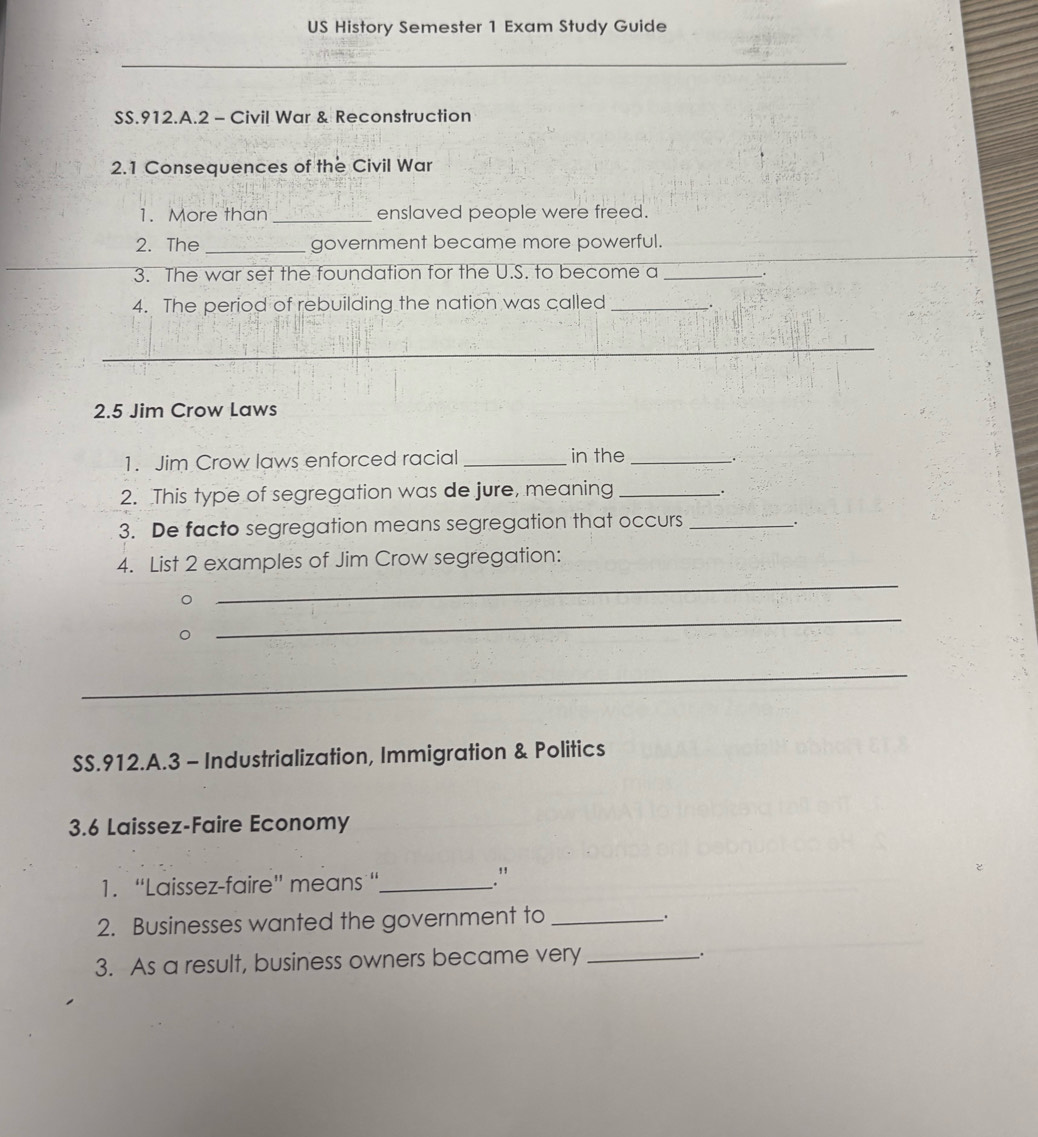 Gelöst:US History Semester 1 Exam Study Guide _ SS.912.A.2 - Civil War ...