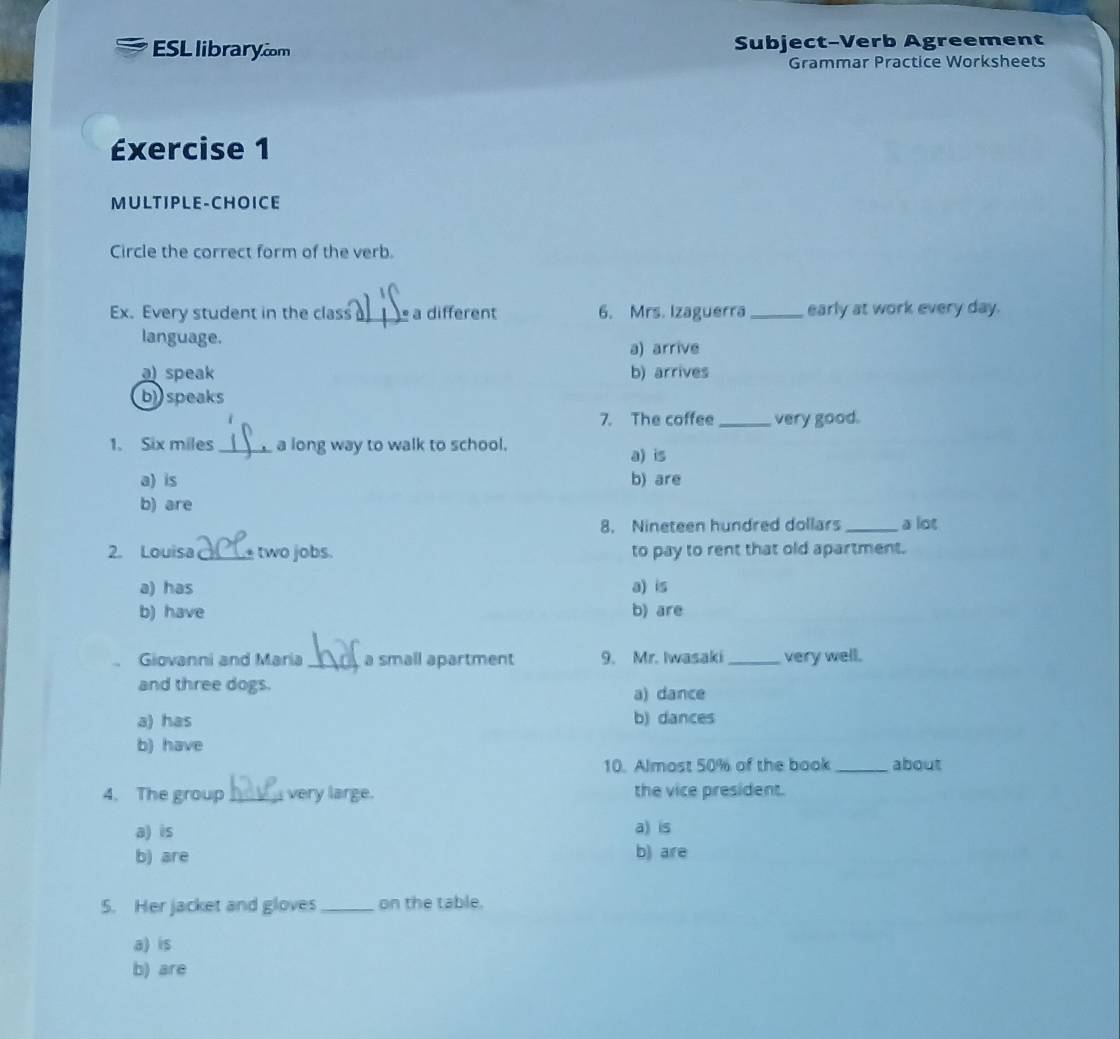 Solved: ESL librarycm Subject-Verb Agreement Grammar Practice ...