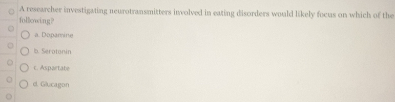Solved: A researcher investigating neurotransmitters involved in eating ...