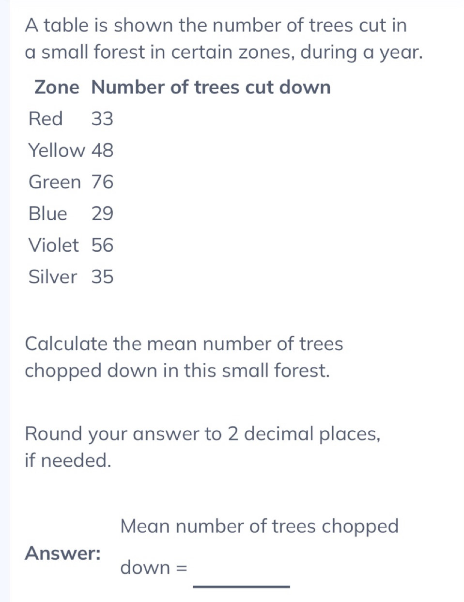 Solved: A table is shown the number of trees cut in a small forest in ...