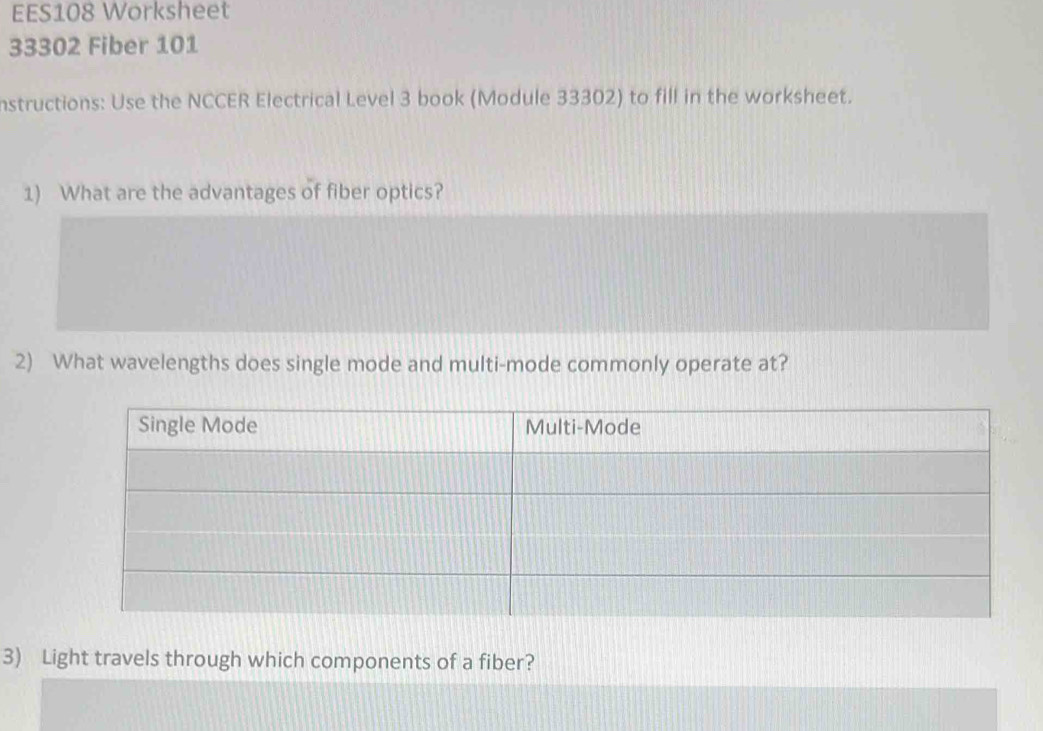 Solved: EES108 Worksheet 33302 Fiber 101 nstructions: Use the NCCER ...
