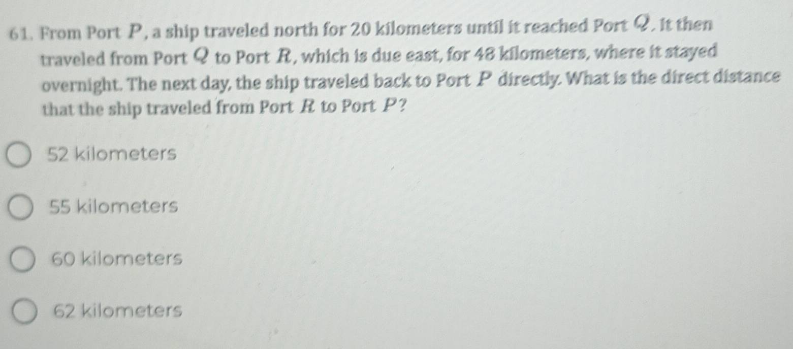 Solved: From Port P, a ship traveled north for 20 kilometers until it ...