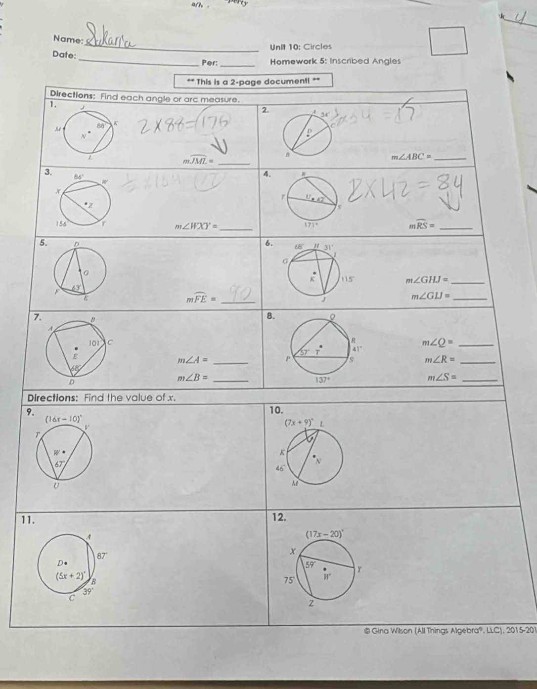 Solved: a(h perty _ Name: Unit 10: Circles Date: _Per: Homework 5: Inscribed Angles D 9 11 ...