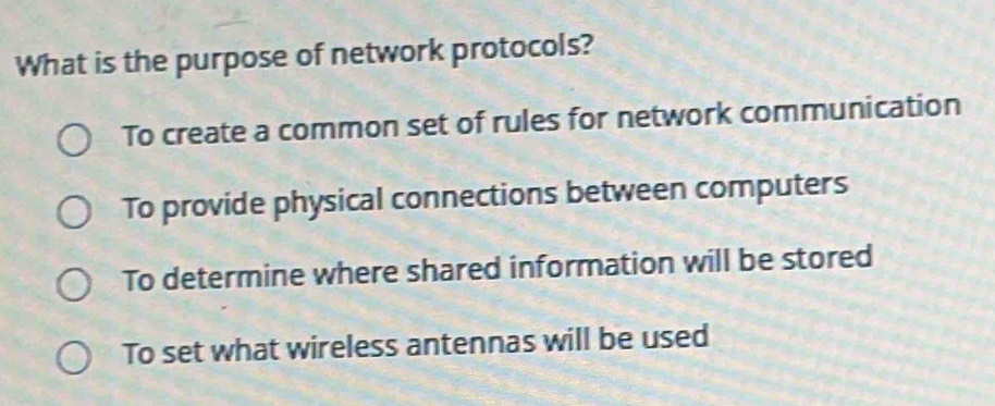 Solved: What is the purpose of network protocols? To create a common set of rules for network ...