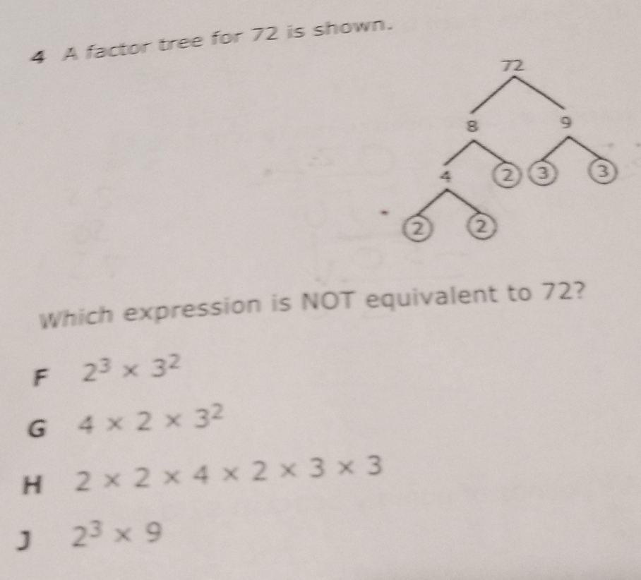 Solved: A factor tree for 72 is shown. Which expression is NOT ...