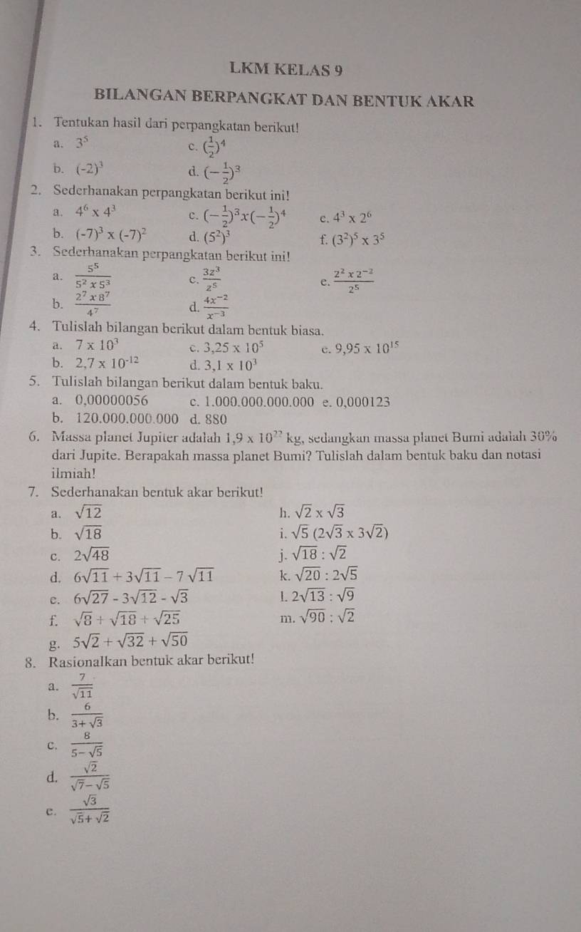 Telah dijawab:LKM KELAS 9 BILANGAN BERPANGKAT DAN BENTUK AKAR 1 ...