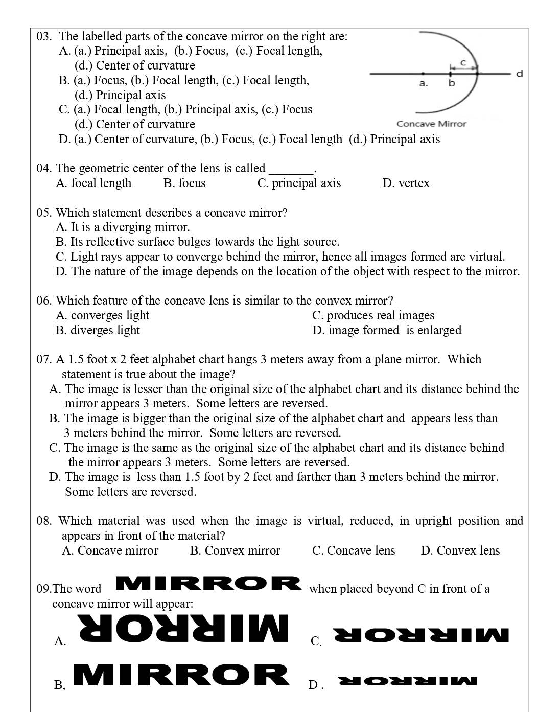 Solved: The labelled parts of the concave mirror on the right are: A ...