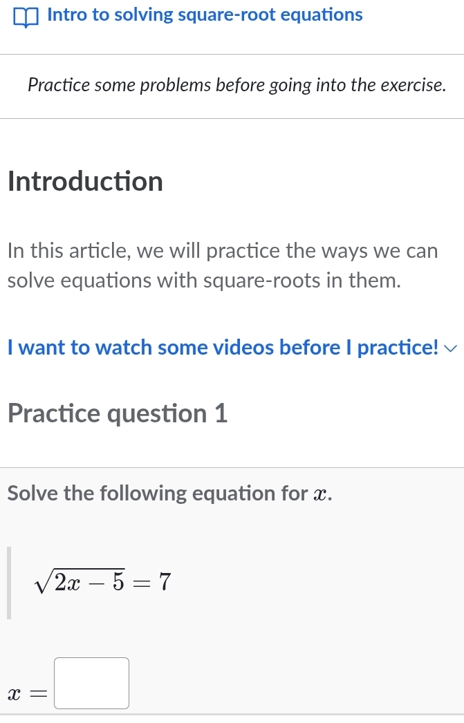Solved: Intro to solving square-root equations Practice some problems ...