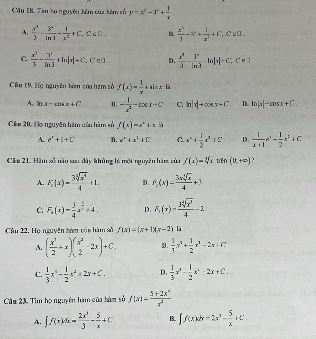 Giải quyết:Tìm họ nguyên hàm của hàm số y=x^2-3^x+ 1/x . A. x^3/3 - 3^x ...