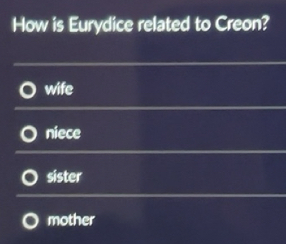 Solved: How is Eurydice related to Creon? wife niece sister mother ...