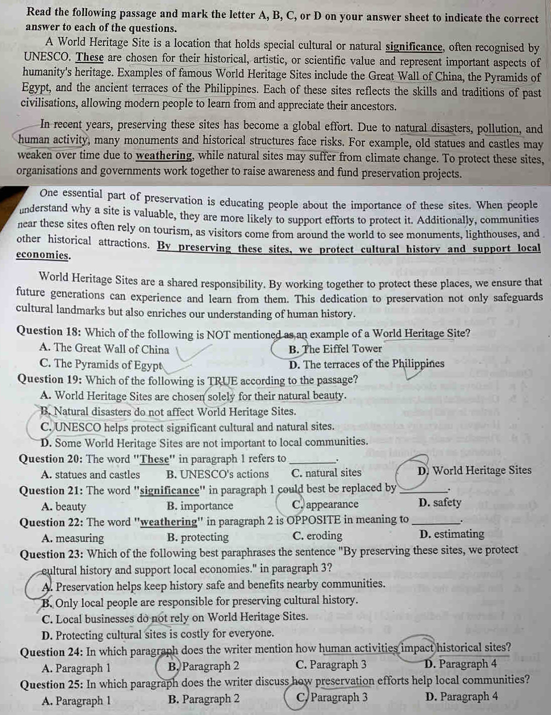 Giải quyết:Read the following passage and mark the letter A, B, C, or D ...