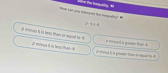 Solved: Solve the inequality. How can you interpret the inequality? p-6 ...