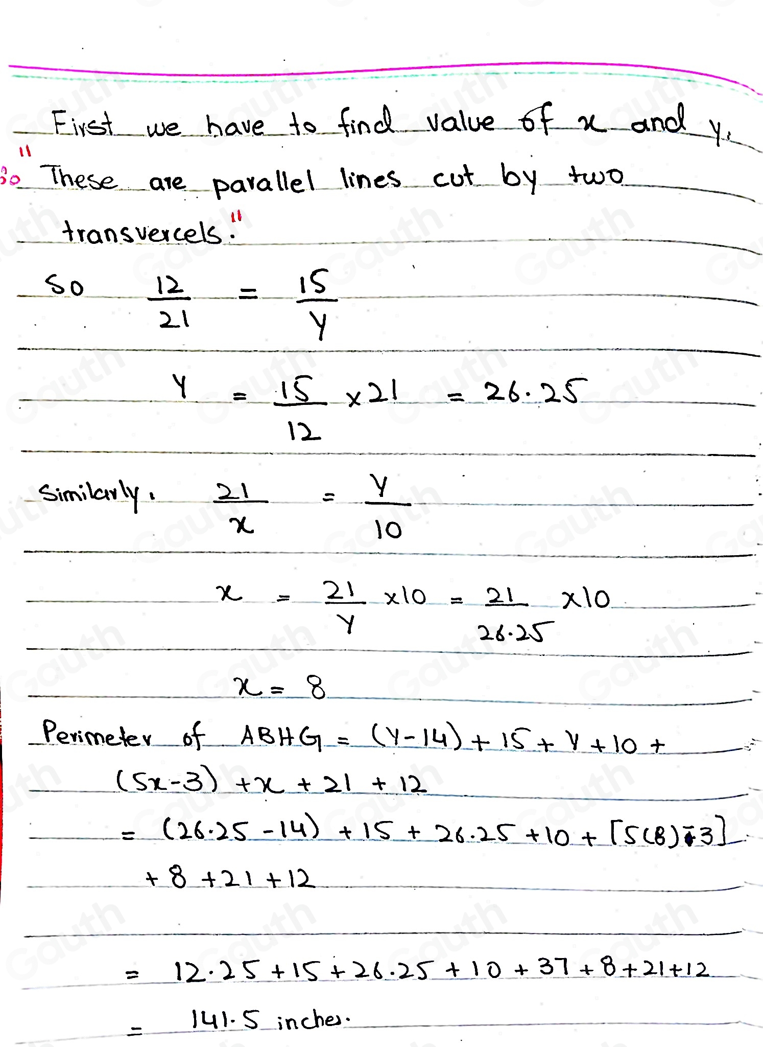 Solved: Find the perimeter, in inches, of ABHG. Round your answer to ...