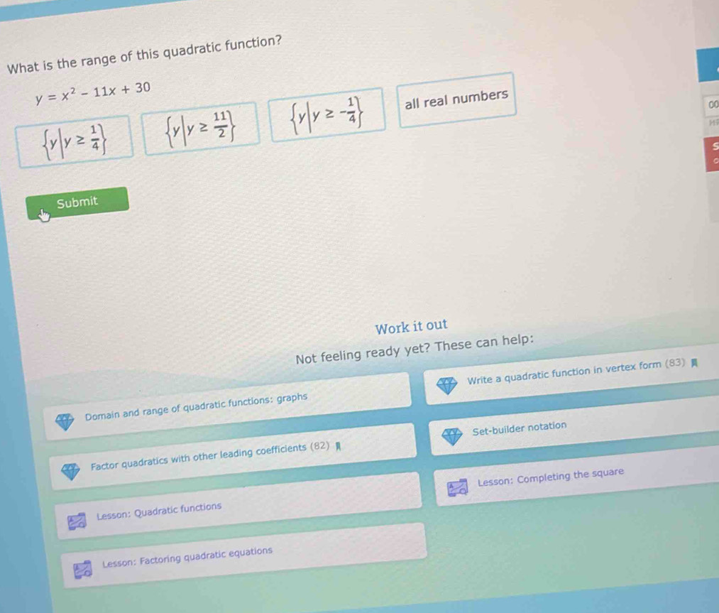Solved: What is the range of this quadratic function? y=x^2-11x+30 00 y ...