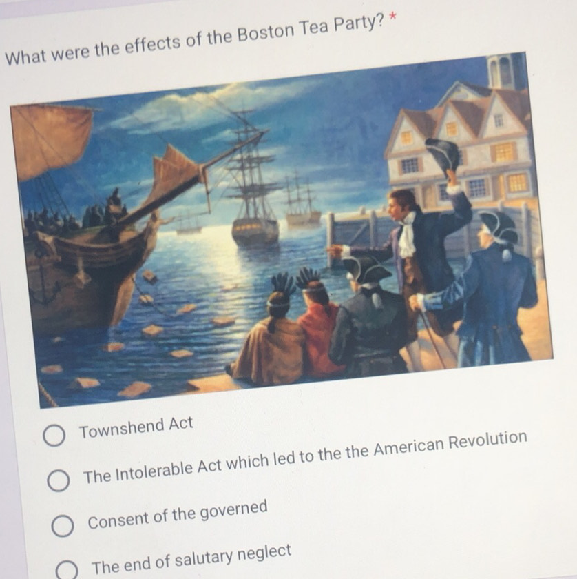 Solved: What were the effects of the Boston Tea Party? * Townshend Act ...