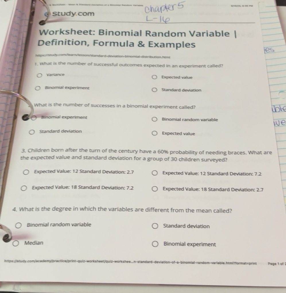 Solved: Study.com Worksheet: Binomial Random Variable Definition ...