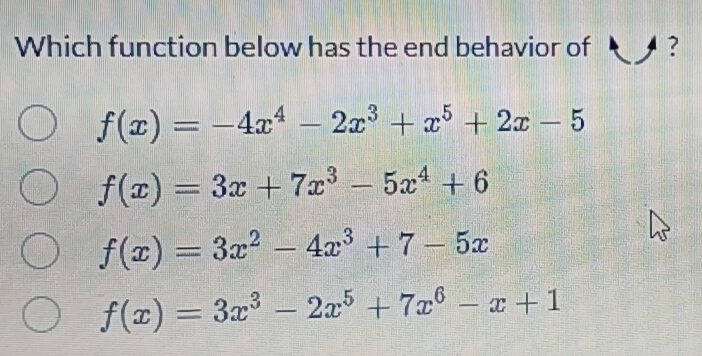 Solved: Which function below has the end behavior of ? f(x)=-4x^4-2x^3 ...